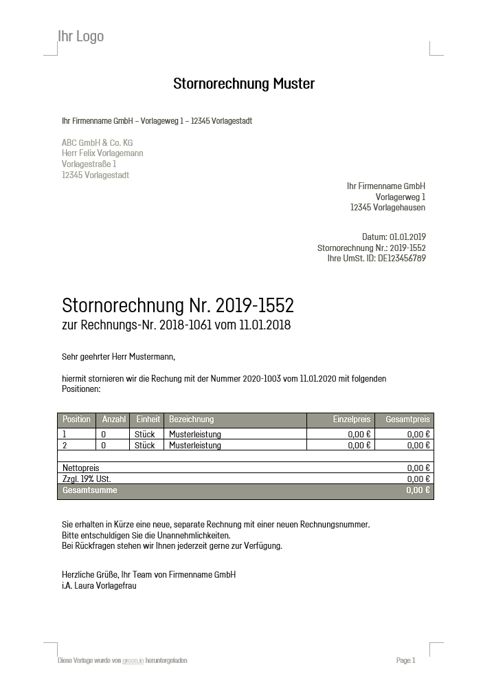 Stornorechnung Muster – GROON